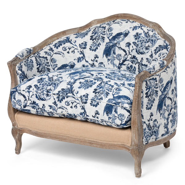 French Country Cottage Blue Bird Toile Settee Chair - Woodwaves