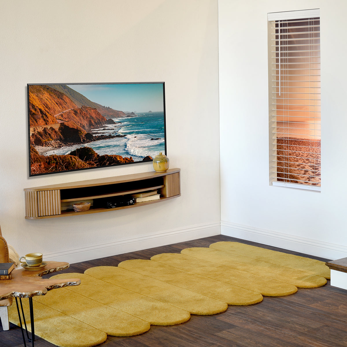 Floating TV Stand Curved Wall Mount 58" Console - Arc - Wheat - Woodwaves