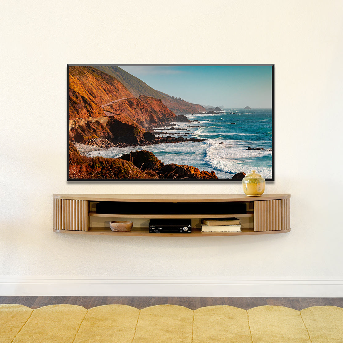 Floating TV Stand Curved Wall Mount 58" Console - Arc - Wheat - Woodwaves