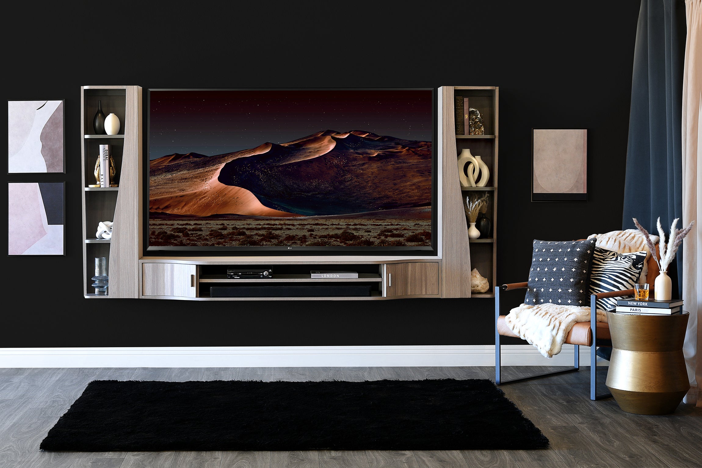 Modern Handcrafted Curved Floating TV Stand Wall Mount Entertainment C ...