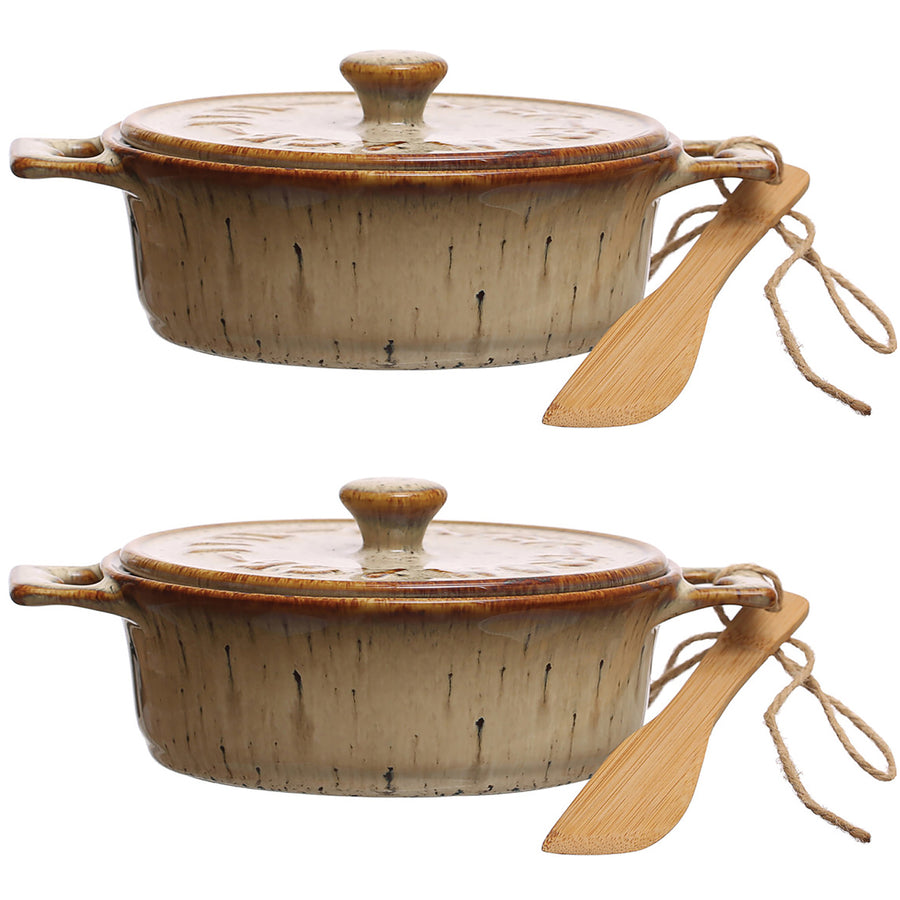 Rustic Stoneware Fromage Brie Cheese Baker With Wood Spreader - Woodwaves