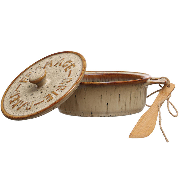 Rustic Stoneware Fromage Brie Cheese Baker With Wood Spreader - Woodwaves