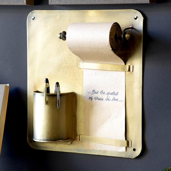 Aged Brass Hanging Wall Mount Pencil Pen Holder Note Roll - Woodwaves
