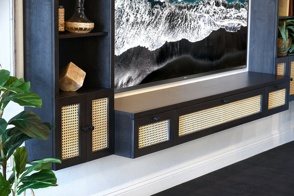Handcrafted Floating TV Stand Cane Wall Mount Entertainment Center Rattan Wicker Sugar Cane Midnight Sky Black