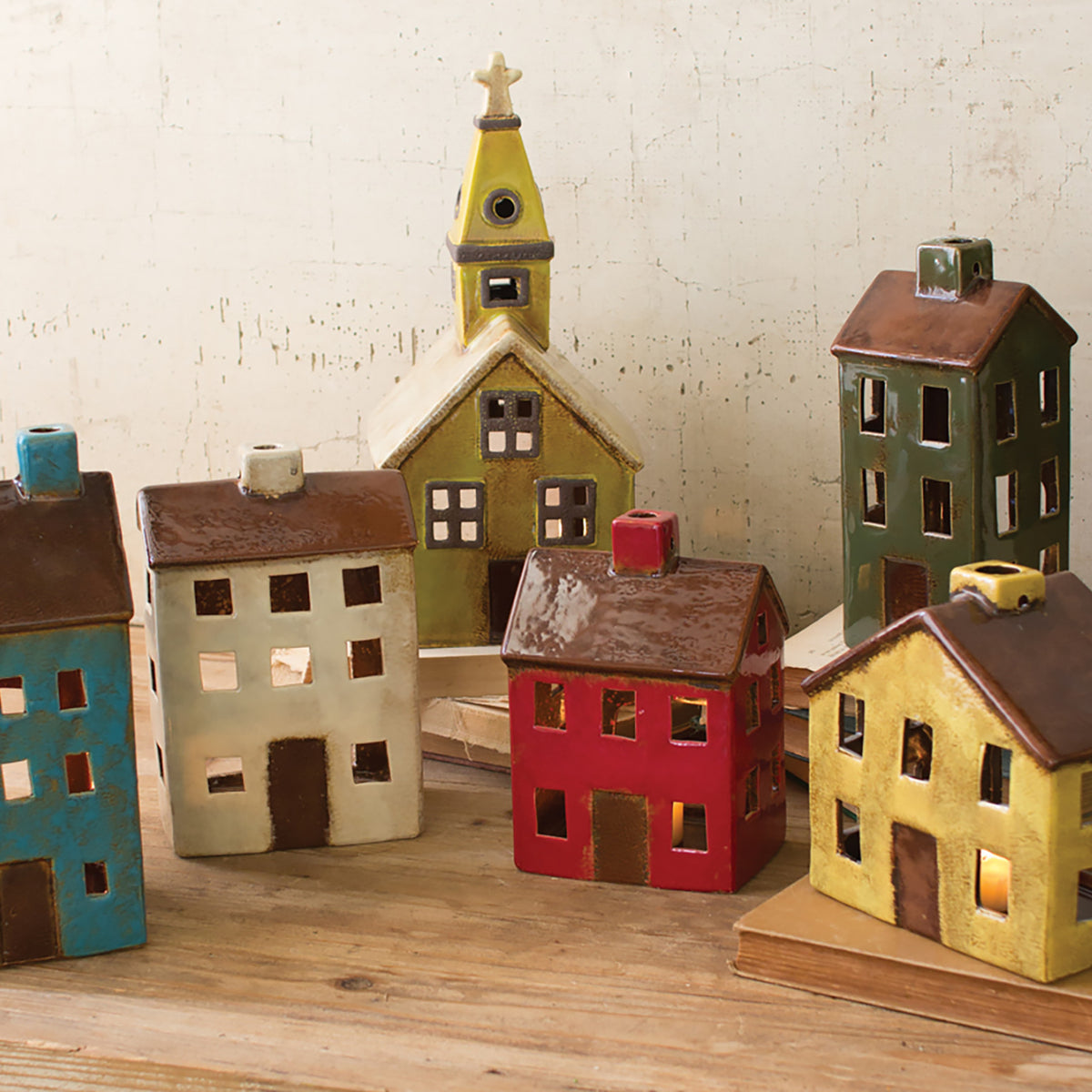 Colorful Ceramic Village - Set of 6 - Woodwaves