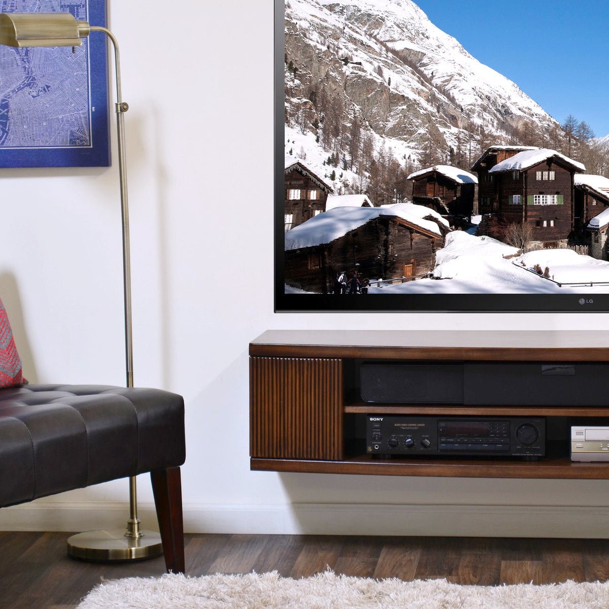 Curved Floating TV Stand Wall Mount Console - Curve - Mocha - Woodwaves