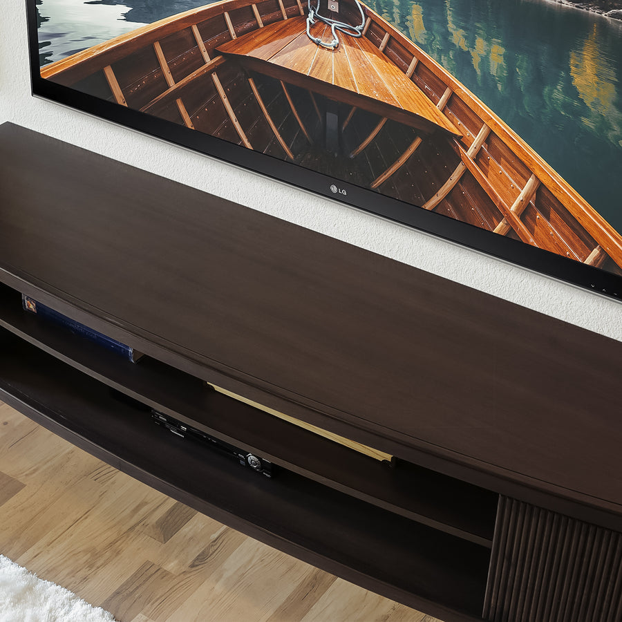 Handcrafted Modern Curved Floating TV Stand - Curve - Espresso - Woodwaves