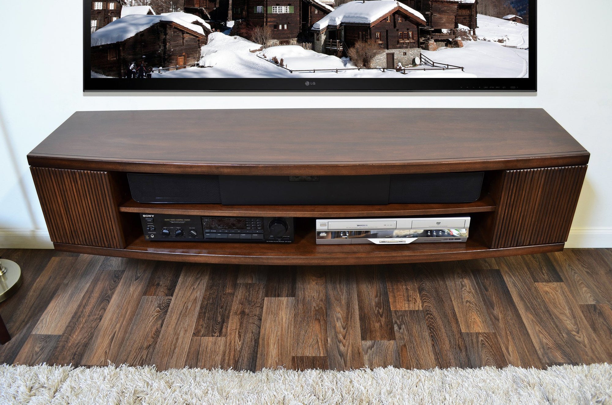 Curved Floating TV Stand Wall Mount Console - Curve - Mocha - Woodwaves