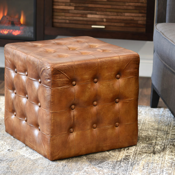 Brown Distressed Leather Ottoman - Woodwaves