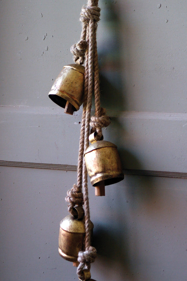 Rustic Iron Hanging Bells With Rope - Woodwaves