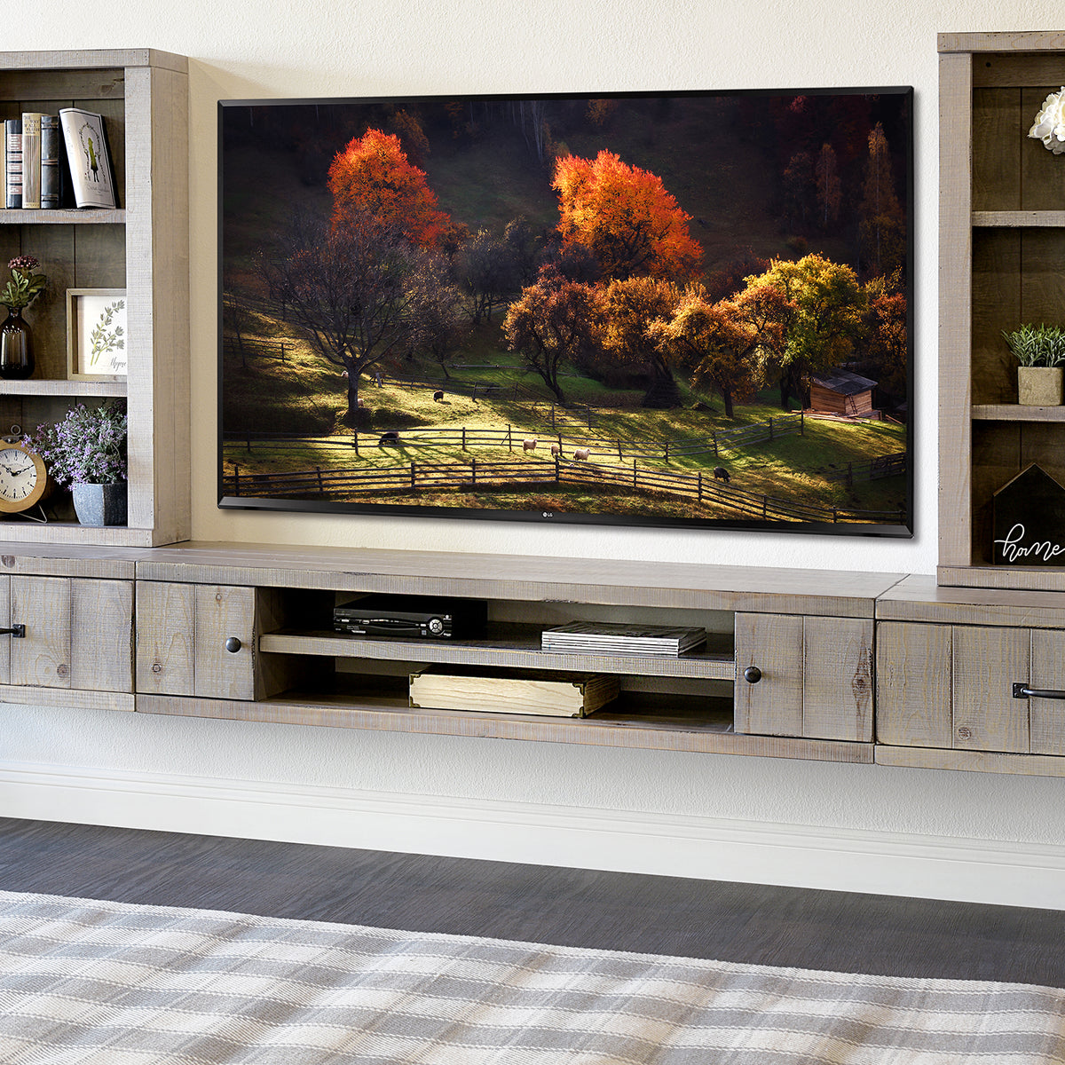 Handmade 114" Rustic Wood Floating TV Stand Wall Mount Entertainment C ...