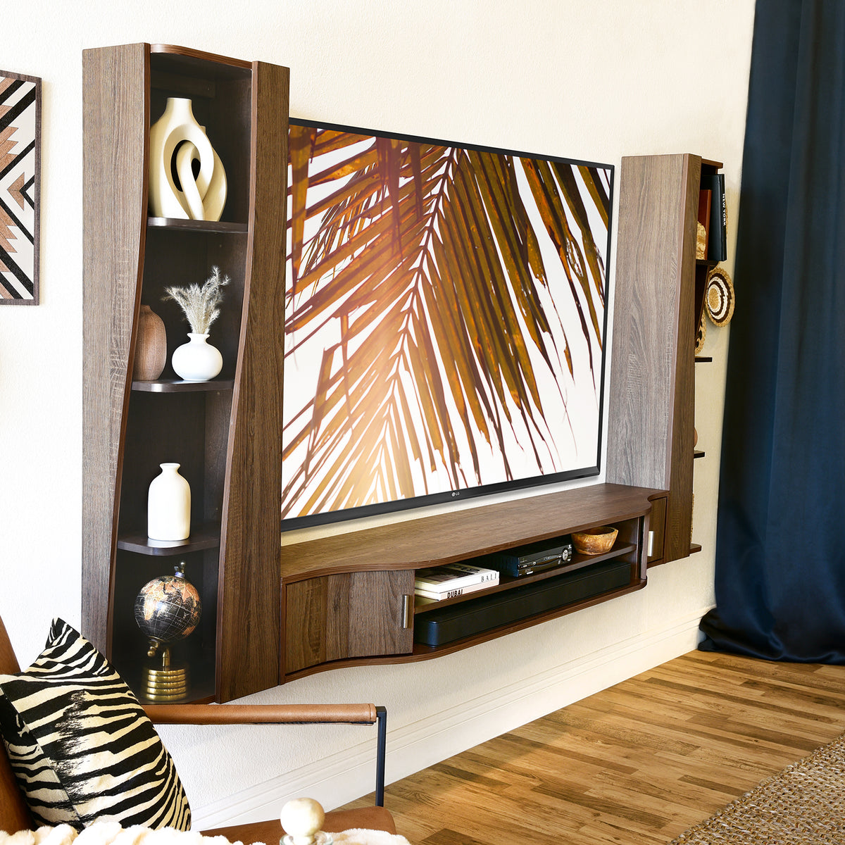 Handcrafted Modern Curved Floating TV Stand Wall Mount Entertainment C ...