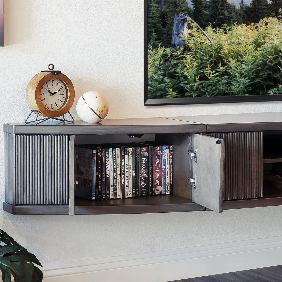 Handcrafted 108" Curved Gray Floating TV Stand Wall Mount Entertainmen ...