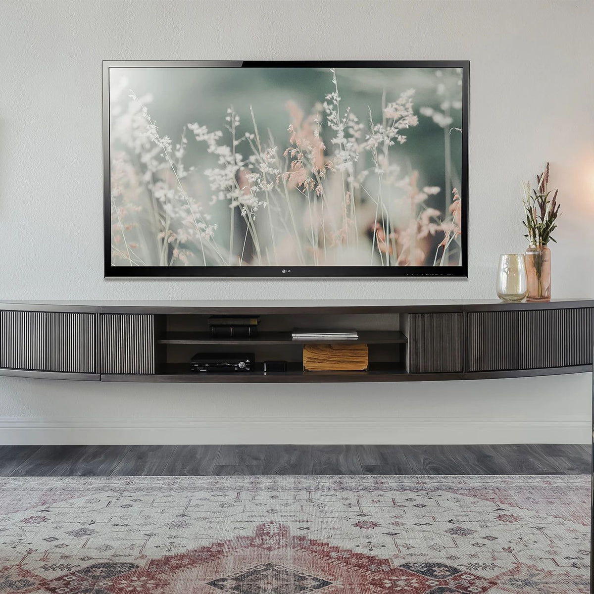 Handcrafted 108" Curved Gray Floating TV Stand Wall Mount Entertainmen ...