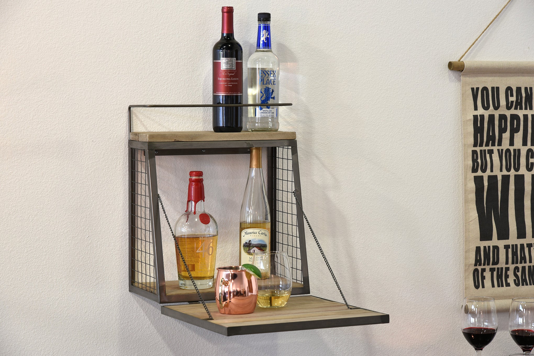 Floating Wall Mount Mini Bar Wine Liquor Shelf - Woodwaves