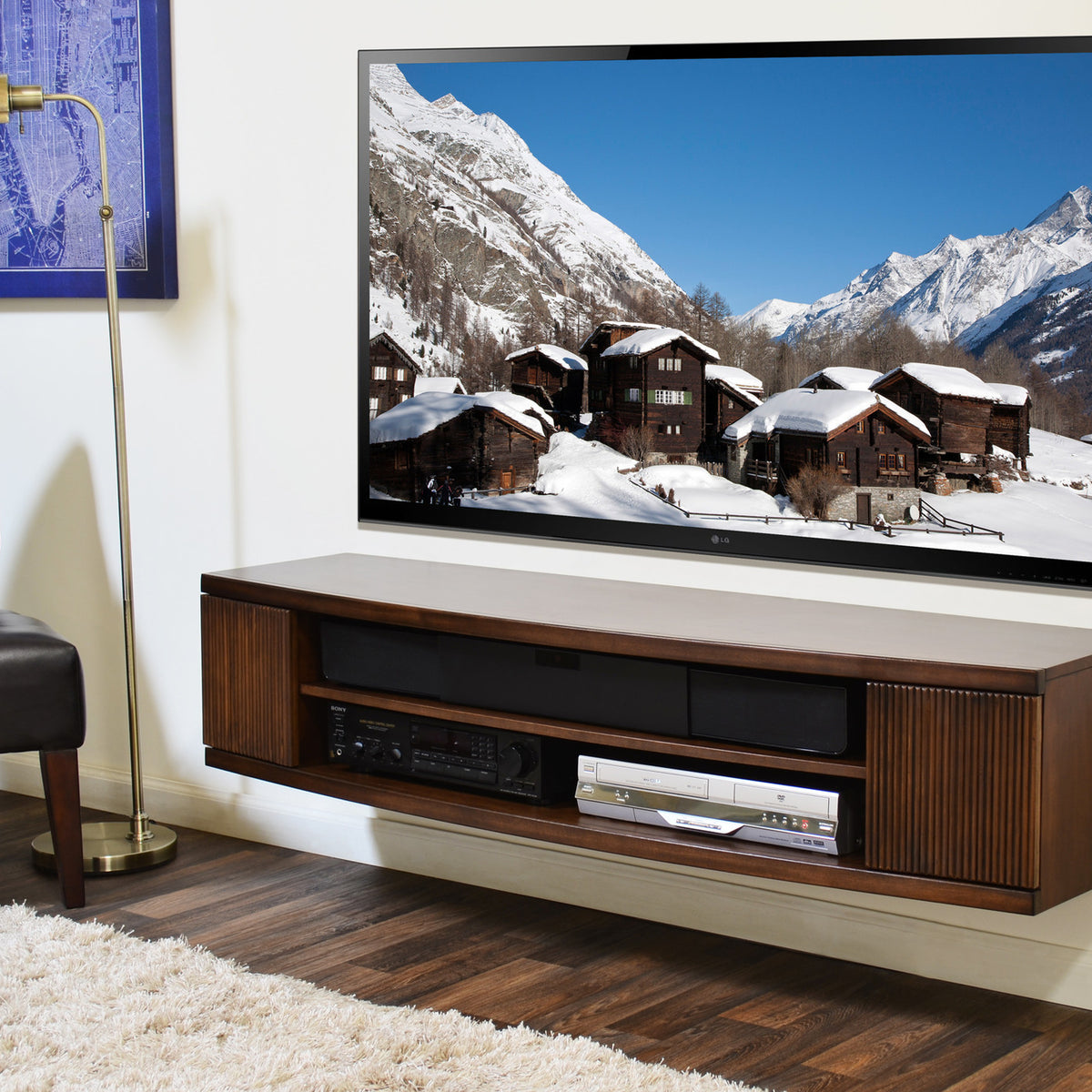 Curved Floating TV Stand Wall Mount Console - Curve - Mocha - Woodwaves