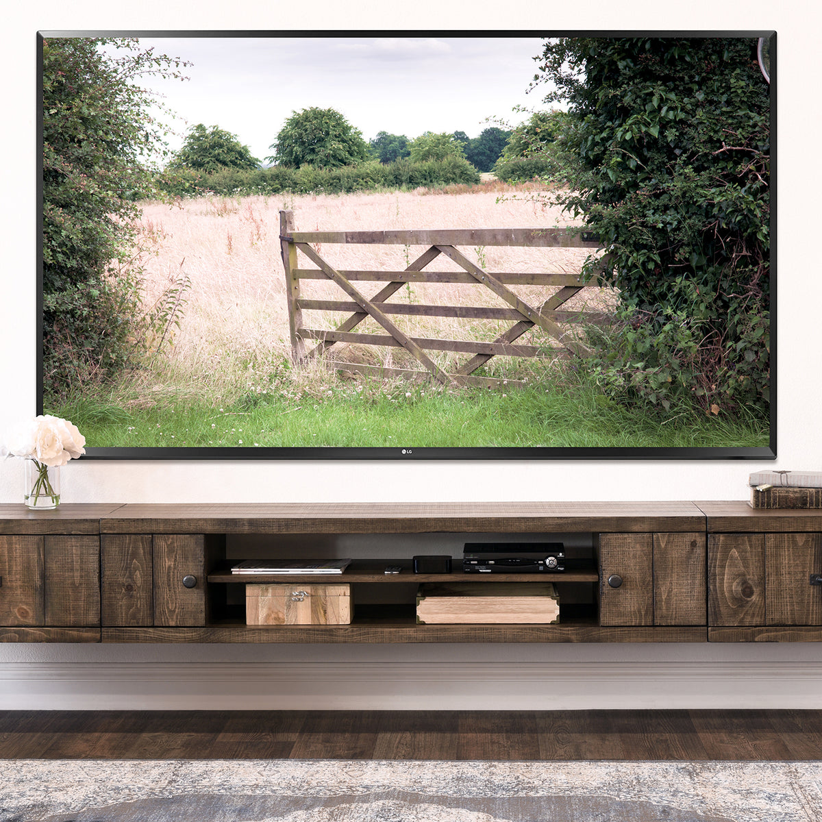 Rustic Wood 114" Floating TV Stand Wall Mount Entertainment Center - F ...