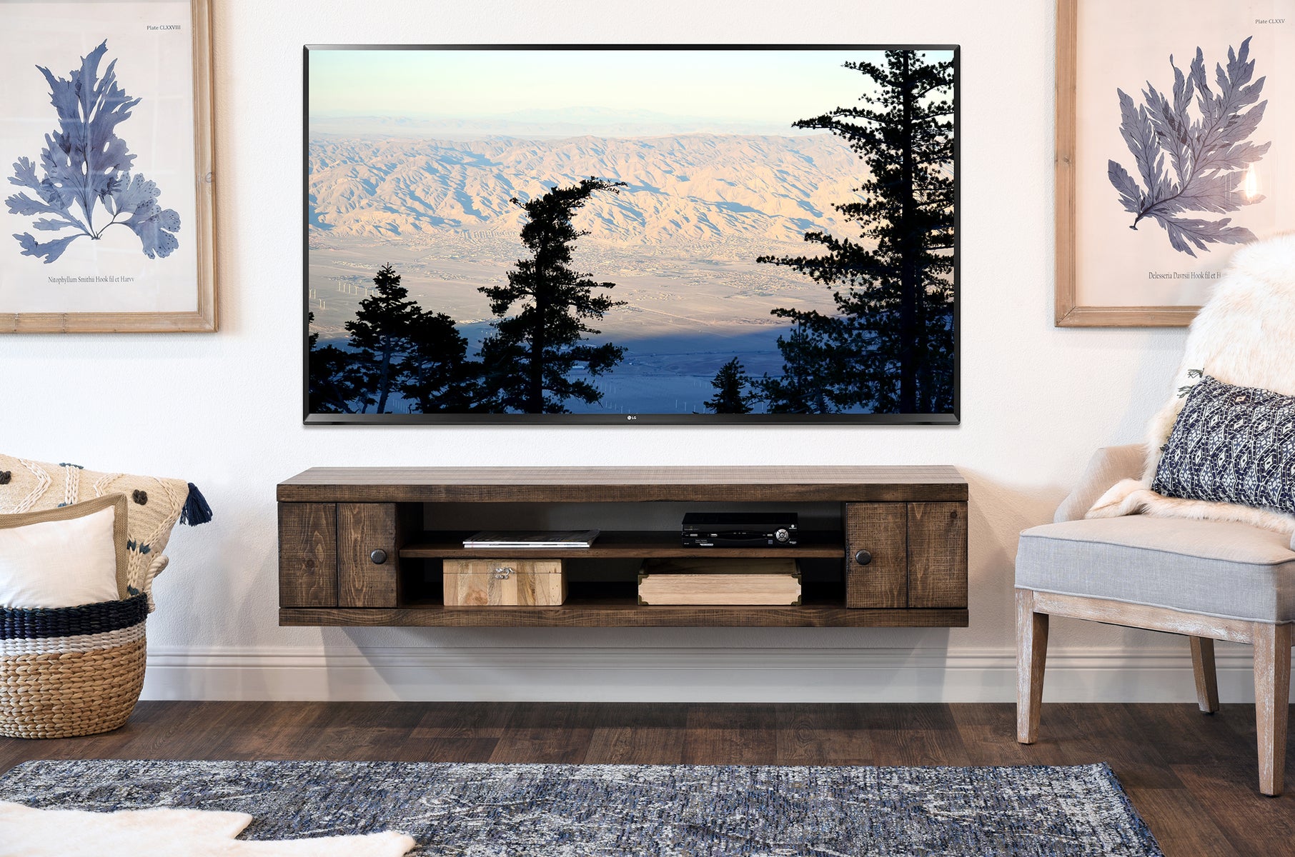 Rustic Barn Wood Style Floating TV Stand - Farmhouse - Spice - Woodwaves