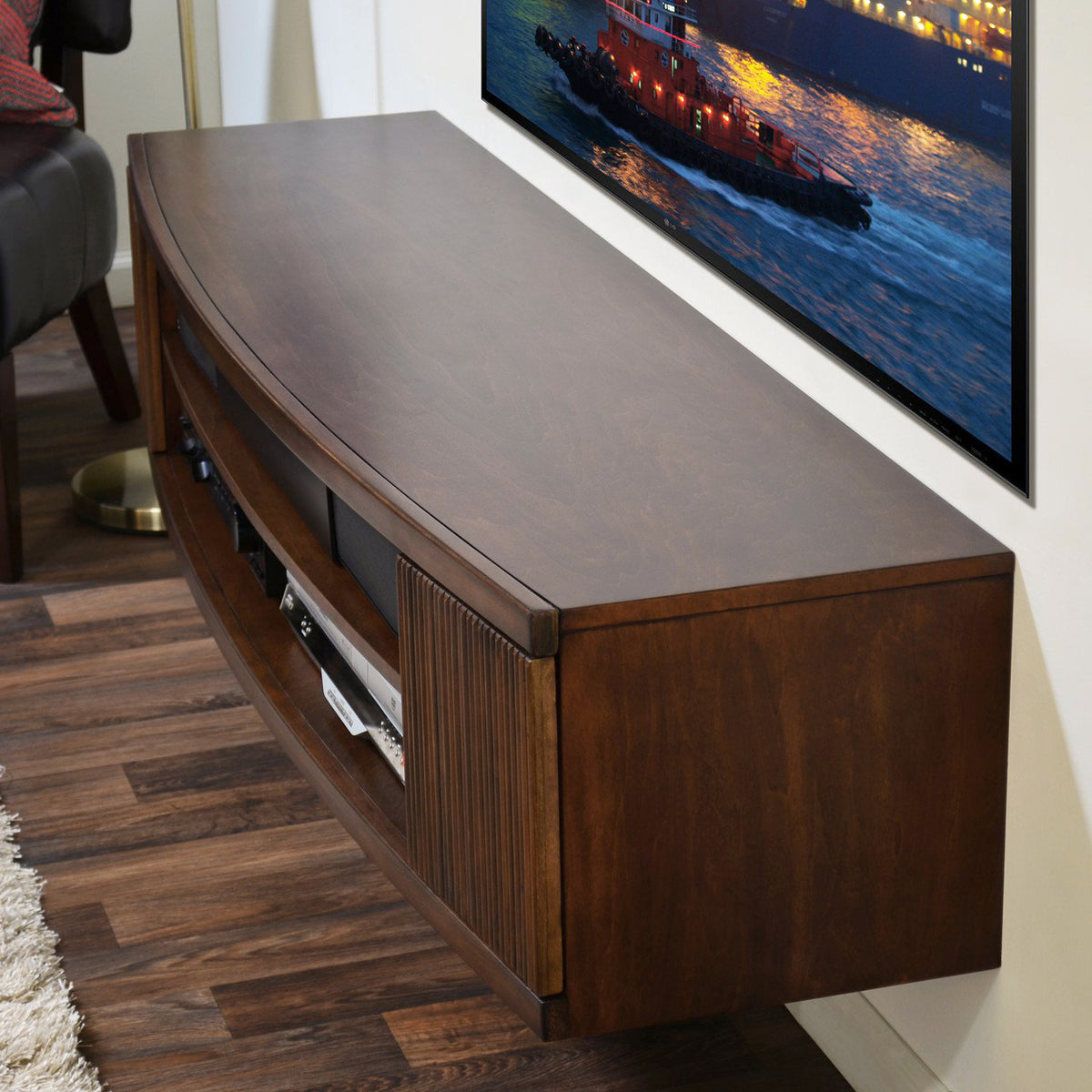 Curved Floating TV Stand Wall Mount Console - Curve - Mocha - Woodwaves